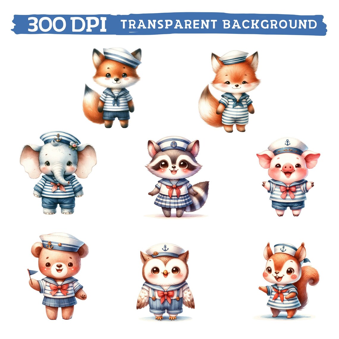 Watercolor Cute Sailor Animals Clipart, Sailor Baby Animal Nursery ...