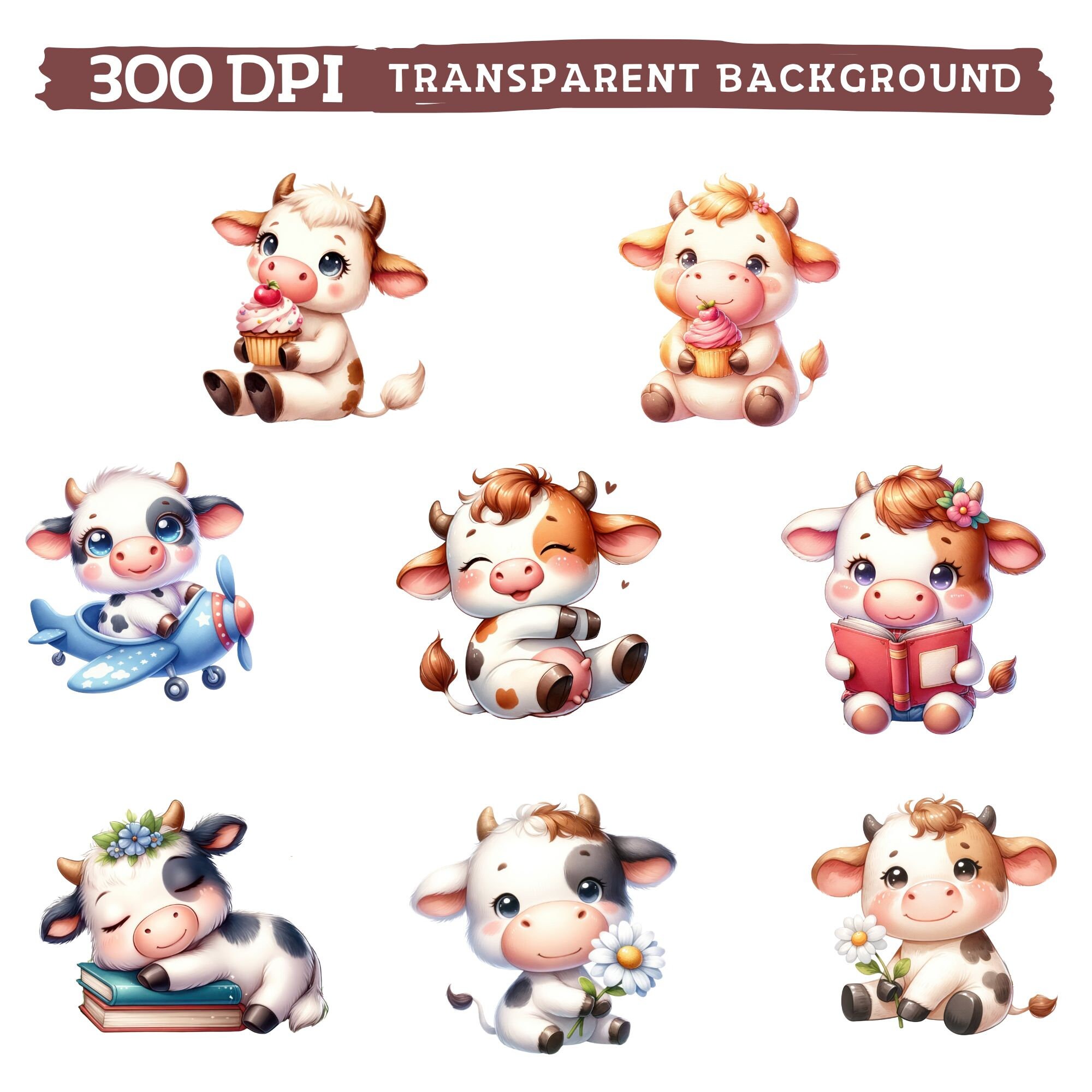 Cute Cow Clipart, Watercolor Baby Cow Nursery, Cow Sleep on Moon, Cow ...