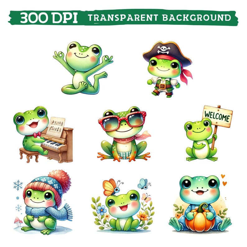 Cute Frog Clipart, Watercolor Green Frogs Nursery, Summer Fall Birthday ...