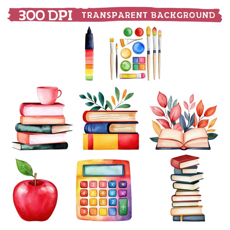Cute School Supplies Clipart, Watercolor Back to School Classroom for ...