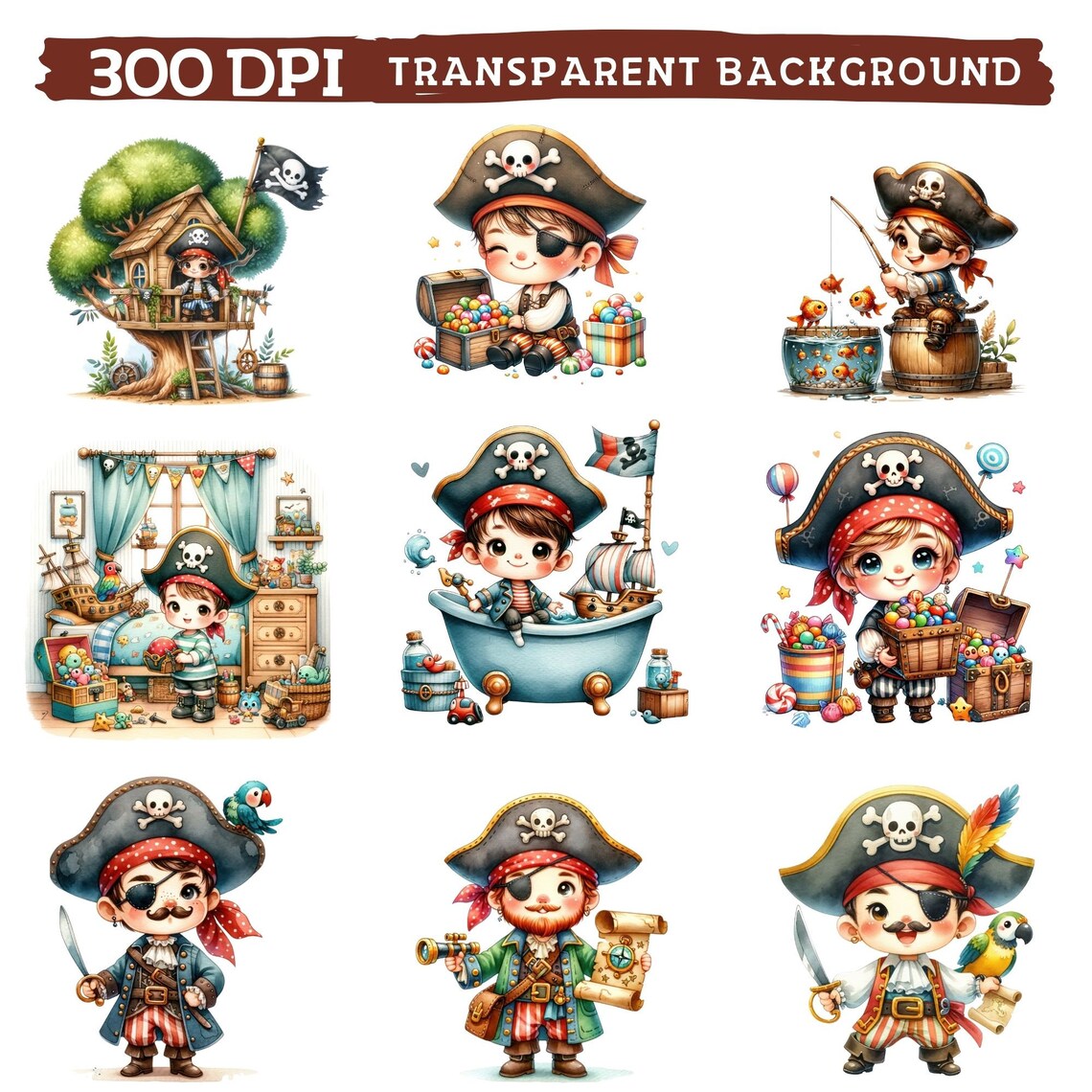 Watercolor Cute Pirate Clipart, Pirate Ship Flag, Pirate Map Nursery ...
