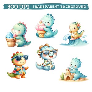Watercolor Cute Dinosaur Clipart, Summer Beach Dinosaurs Nursery ...