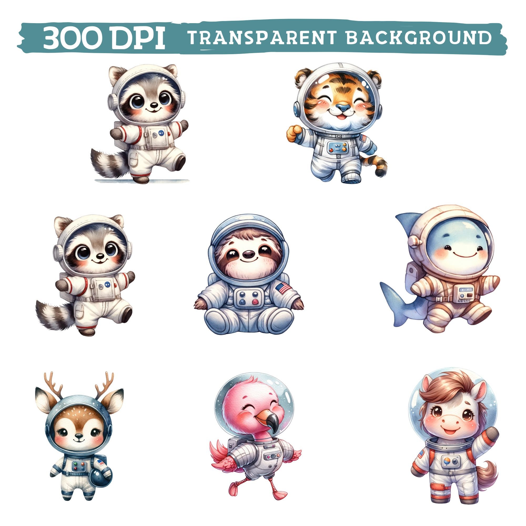 Cute Astronaut Animals Clipart, Watercolor Baby Animal Nursery, Fantasy ...