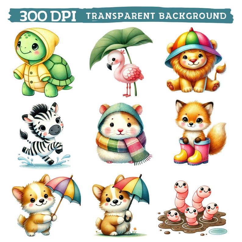 Rainy Day Animal Clipart, Watercolor Cute Spring Animals in Raincoats ...