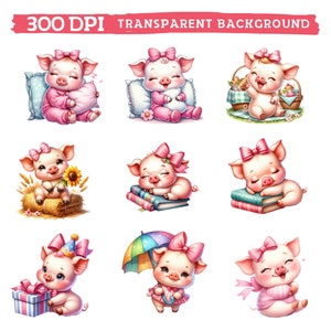 Cute Pig Clipart, Watercolor Baby Pig Nursery, Pig Sleep on Moon, Pig ...