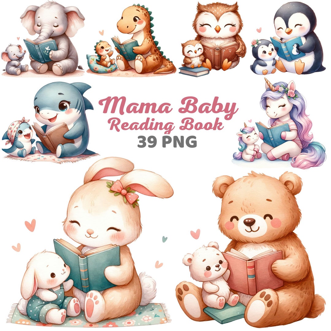 Cute Mama & Baby Animals Reading Book Clipart, Watercolor Woodland ...