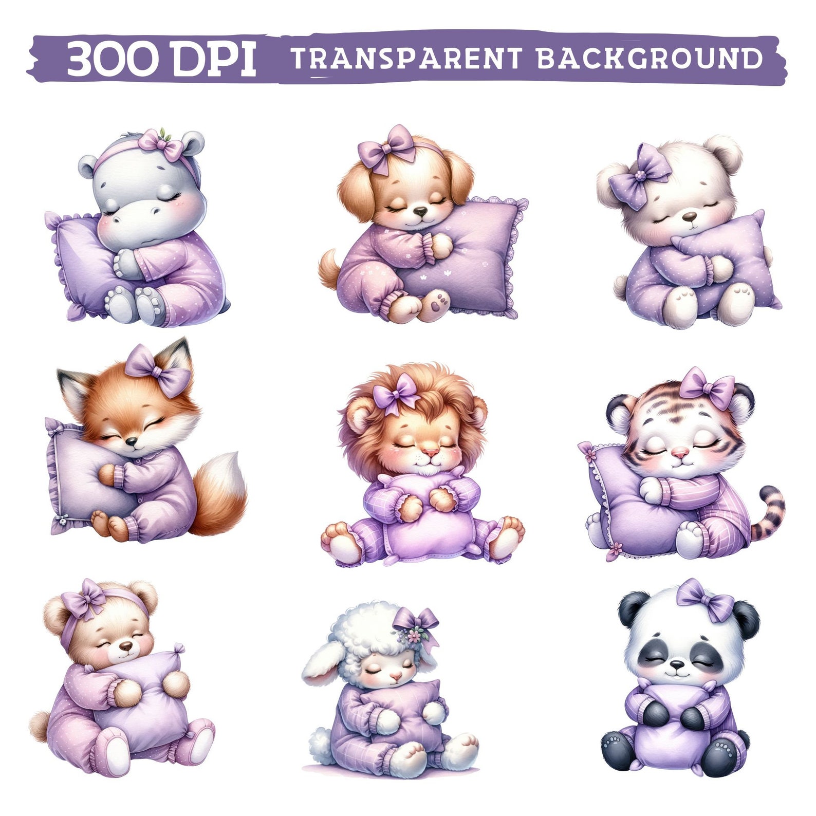 Watercolor Cute Lilac Sleepy Animals Clipart, Purple Sleeping Baby ...