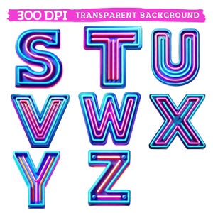 Retro Neon Alphabet Clipart, Glowing Letters & Numbers, Colorful Neon ...