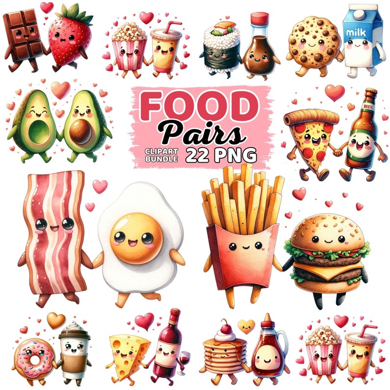 Watercolor Cute Kawaii Perfect Pair Food Valentine Clipart, Hamburger ...
