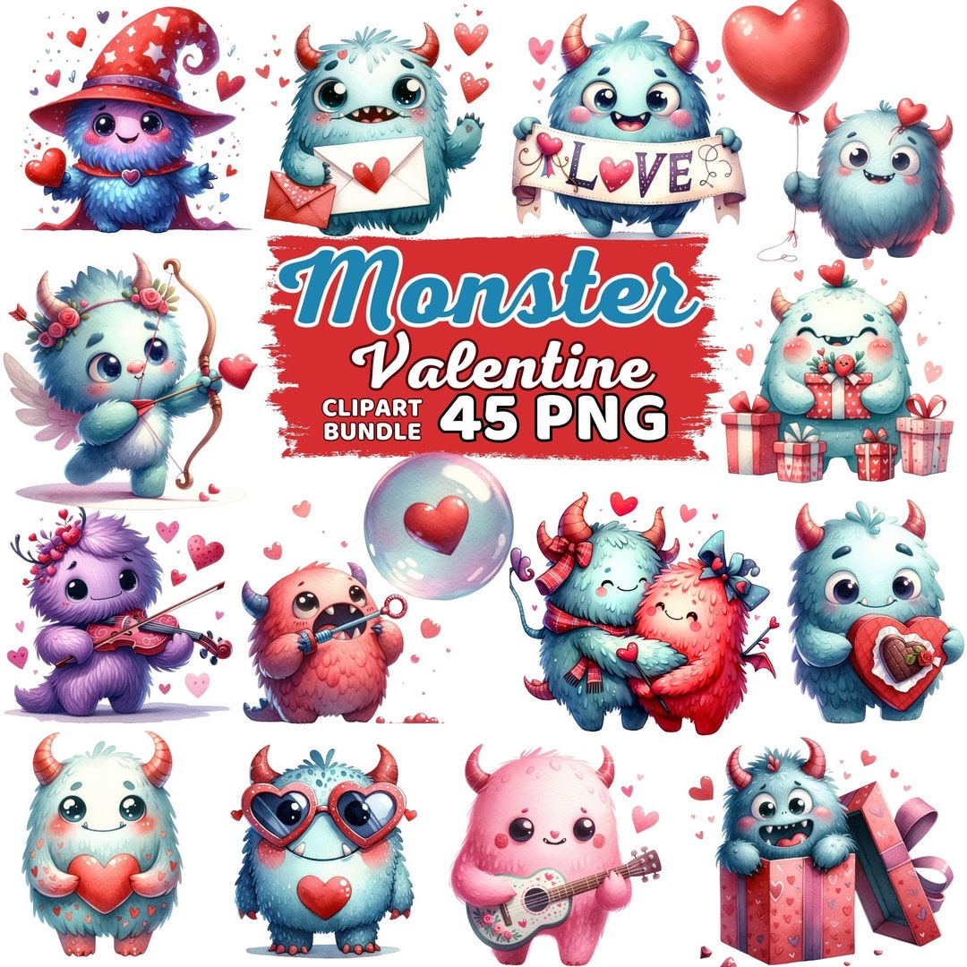 Watercolor Cute Monsters Valentine Clipart, Cartoon Valentine's Day Png ...