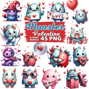 Watercolor Cute Monsters Valentine Clipart, Cartoon Valentine's Day Png ...