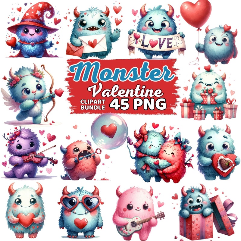 Monster Valentine Clipart - Etsy