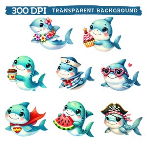 Cute Shark Clipart, Watercolor Ocean, Undersea Nursery Decor, Marine ...