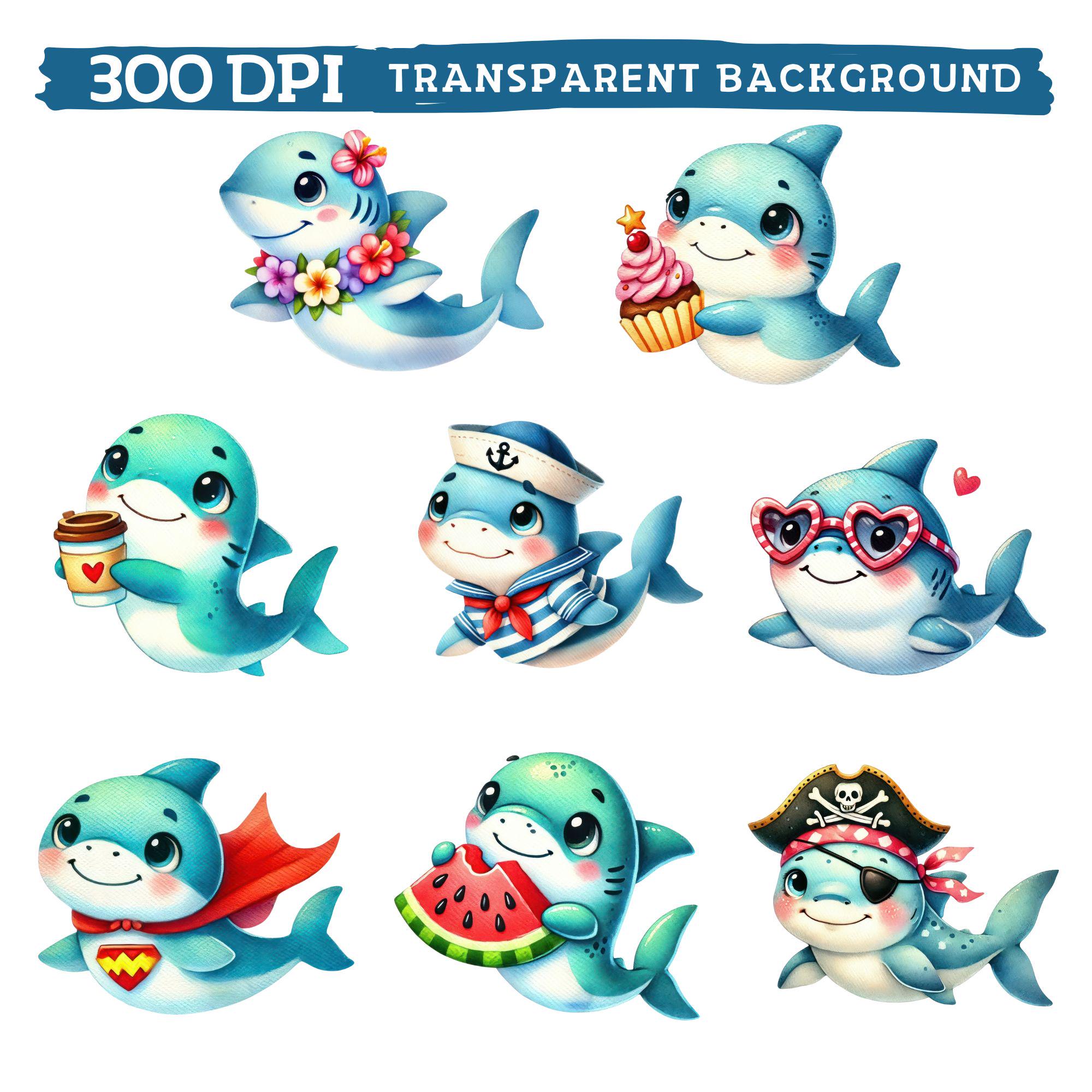 Cute Shark Clipart, Watercolor Ocean, Undersea Nursery Decor, Marine ...