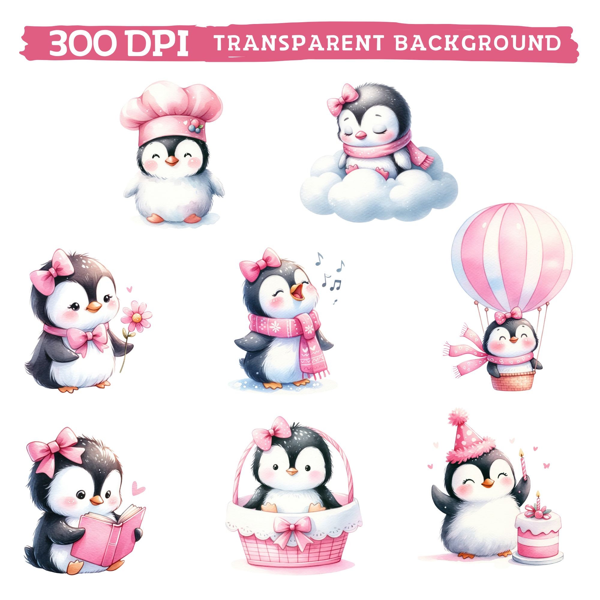 Watercolor Cute Penguin Clipart Png, Kawaii Penguin Sleeping on Cloud ...
