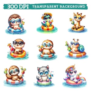 Cute Animals on Float Clipart, Watercolor Pool Nursery, Tropical Vibes ...