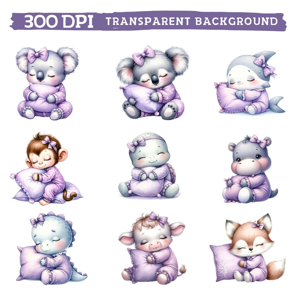 Watercolor Cute Lilac Sleepy Animals Clipart, Purple Sleeping Baby ...