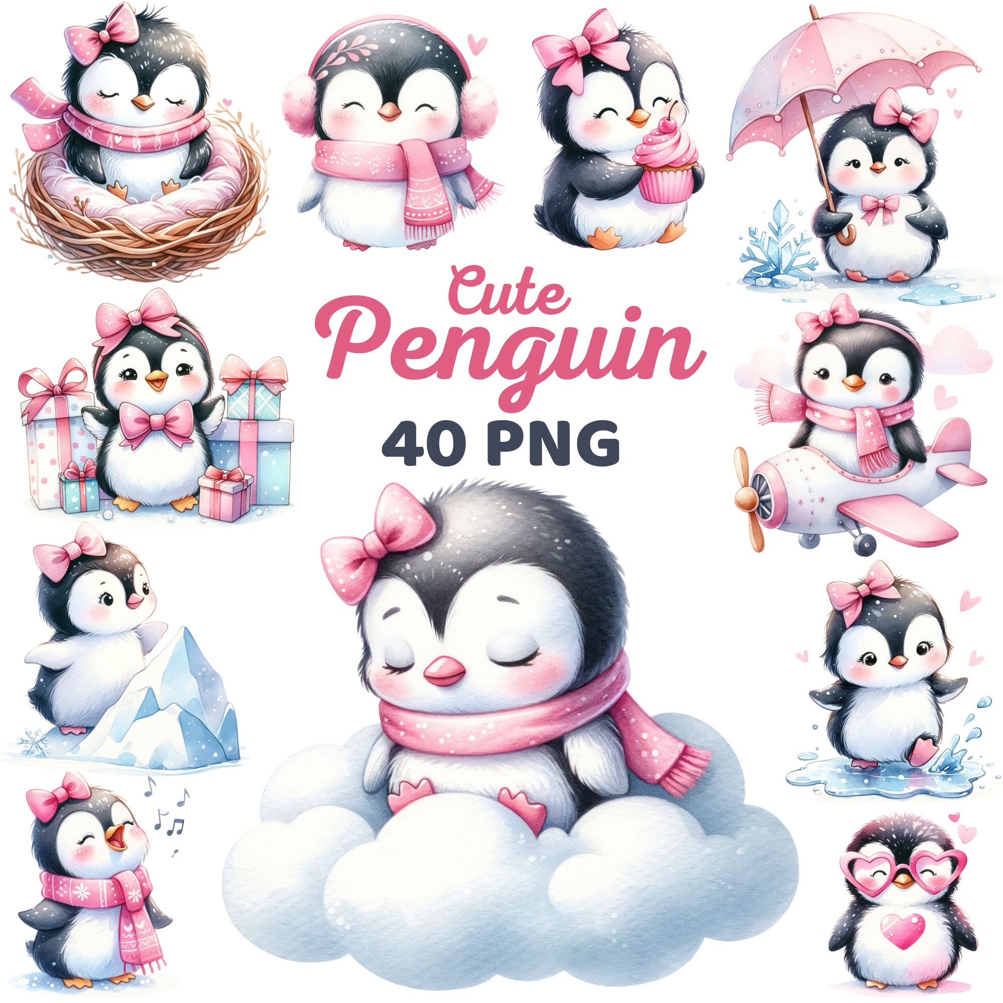 Watercolor Cute Penguin Clipart Png, Kawaii Penguin Sleeping on Cloud ...