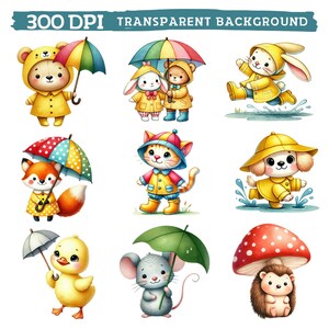 Rainy Day Animal Clipart, Watercolor Cute Spring Animals in Raincoats ...