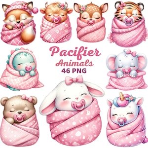 Pacifier Animals Clipart, Watercolor Cute Pink Boy Newborn Nursery ...