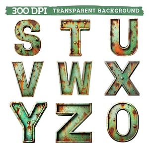 Rusty Metal Alphabet Clipart, Green Rusty Letters, Steampunk Lettering ...