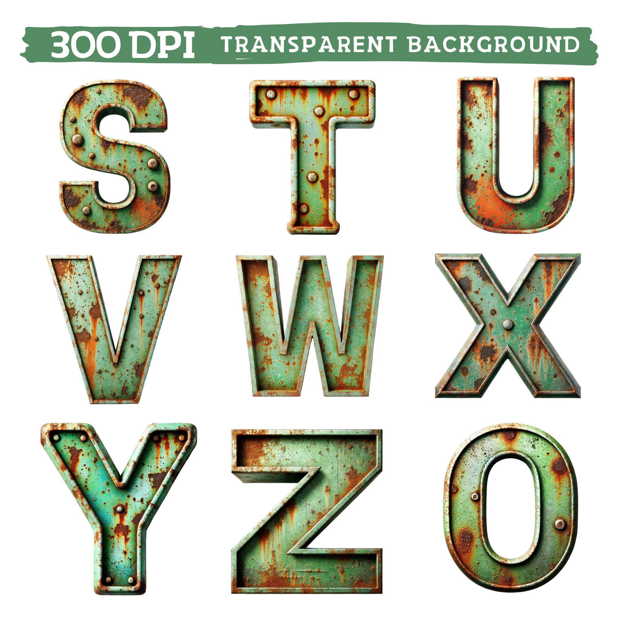 Rusty Metal Alphabet Clipart, Green Rusty Letters, Steampunk Lettering ...