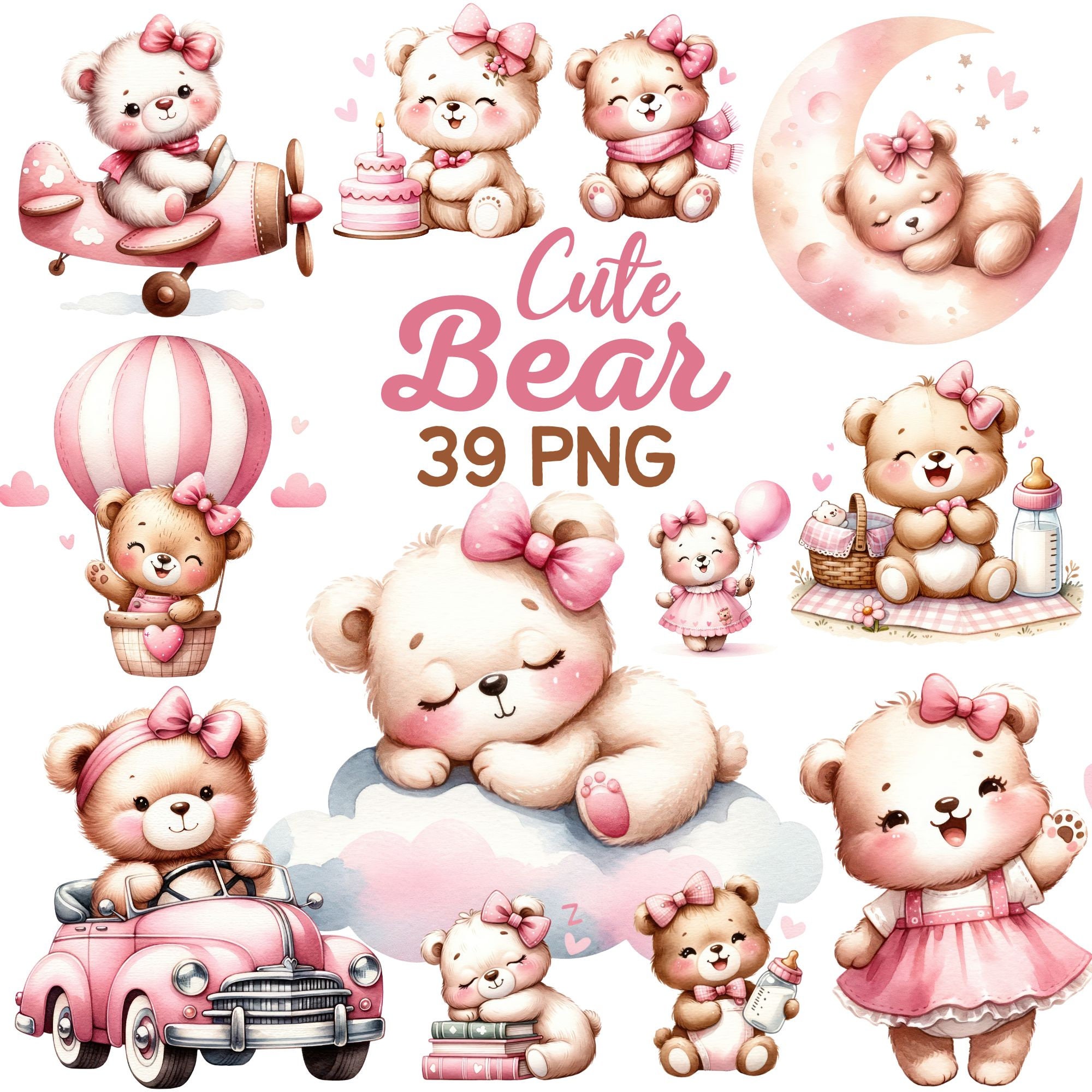 Watercolor Cute Baby Girl Bear Clipart, Sweet Bear Pink Nursery ...
