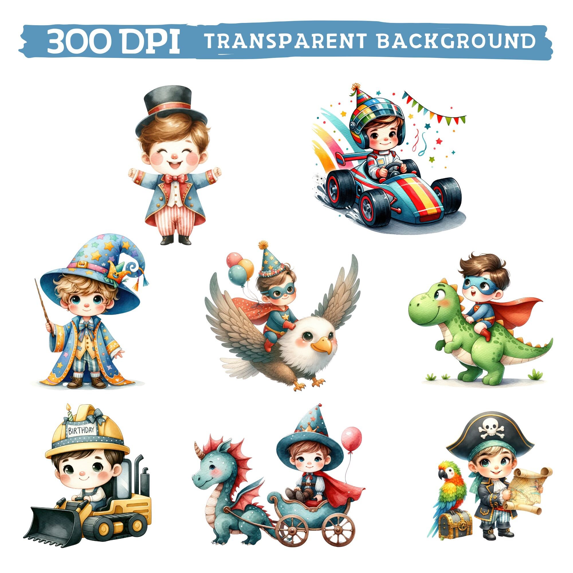 Boys Birthday Clipart, Watercolor Cute & Playful Party Kids Festive ...