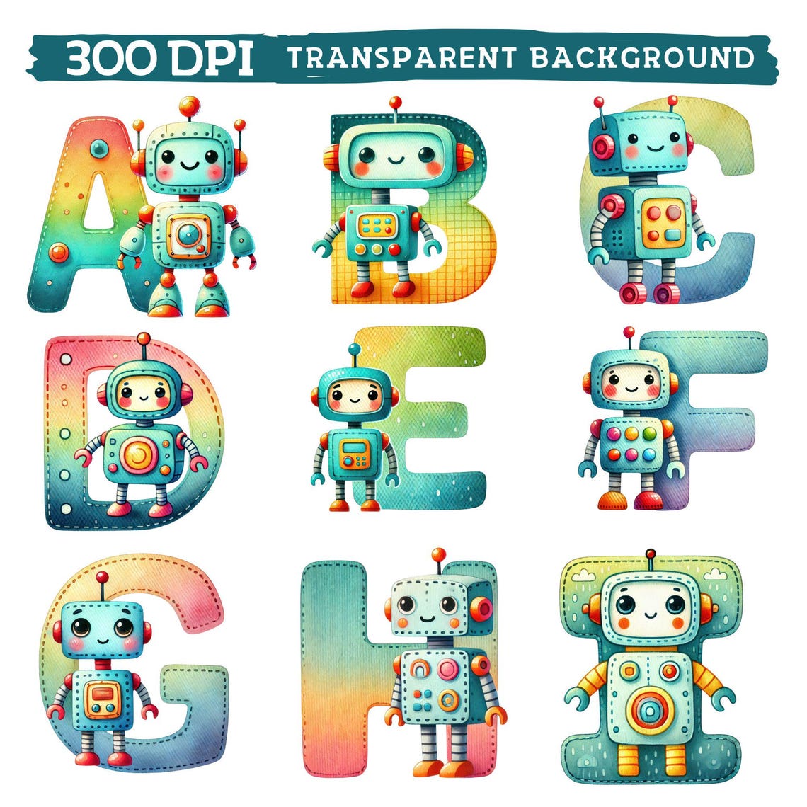 Robot Alphabet Clipart, Colorful Kids Sci-fi Font, Watercolor ...