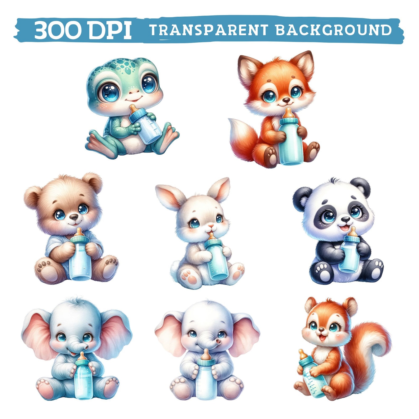 Cute Baby Animals With Blue Baby Bottle Clipart, Watercolor Animal ...