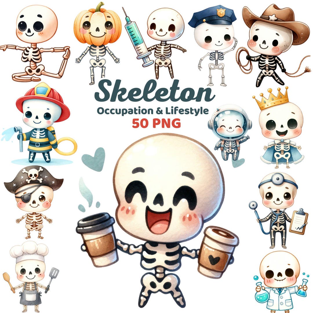 Cute Skeleton Occupation and Lifestyle Clipart, Watercolor Educational ...