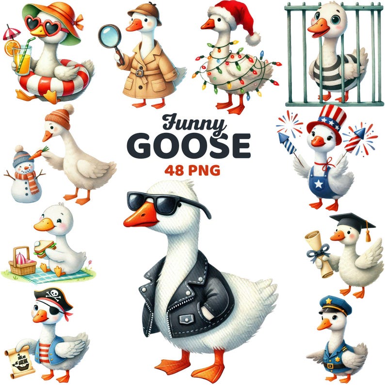 Funny Goose Clipart, Watercolor Cute Holiday Character Geese, Quirky ...