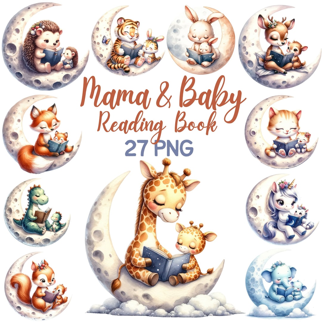 Mama & Baby Animals Reading Clipart, Watercolor Cozy Storytime on Moon ...