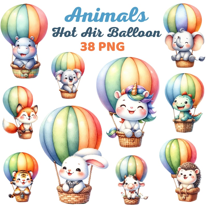 Cute Animals Hot Air Balloon Clipart, Watercolor Sky Adventure ...