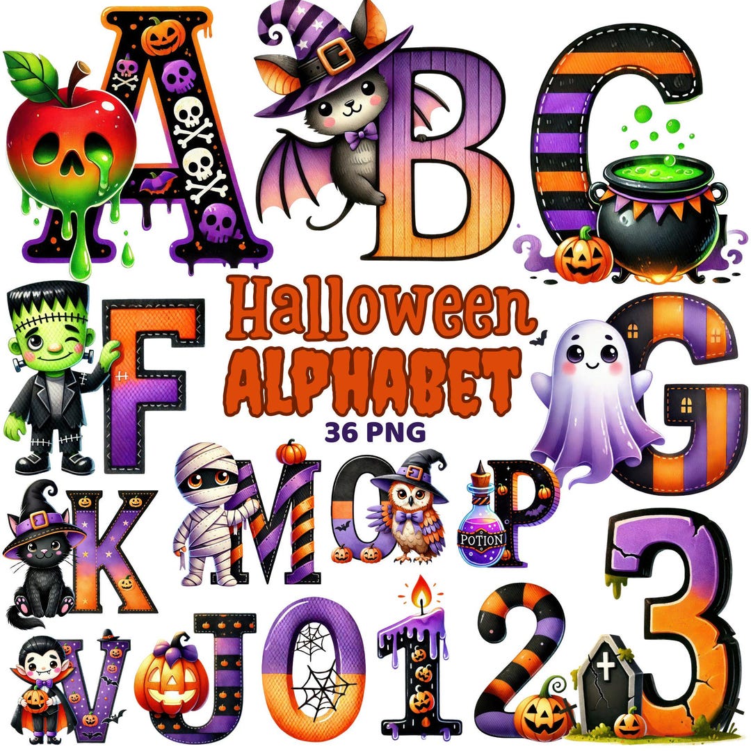 Spooky Halloween Alphabet Clipart, Watercolor Letters & Numbers ...