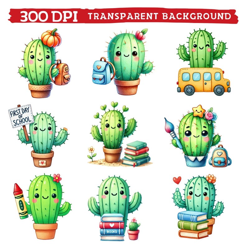 Cactus Back to School Clipart, Watercolor Cute Teacher Student ...