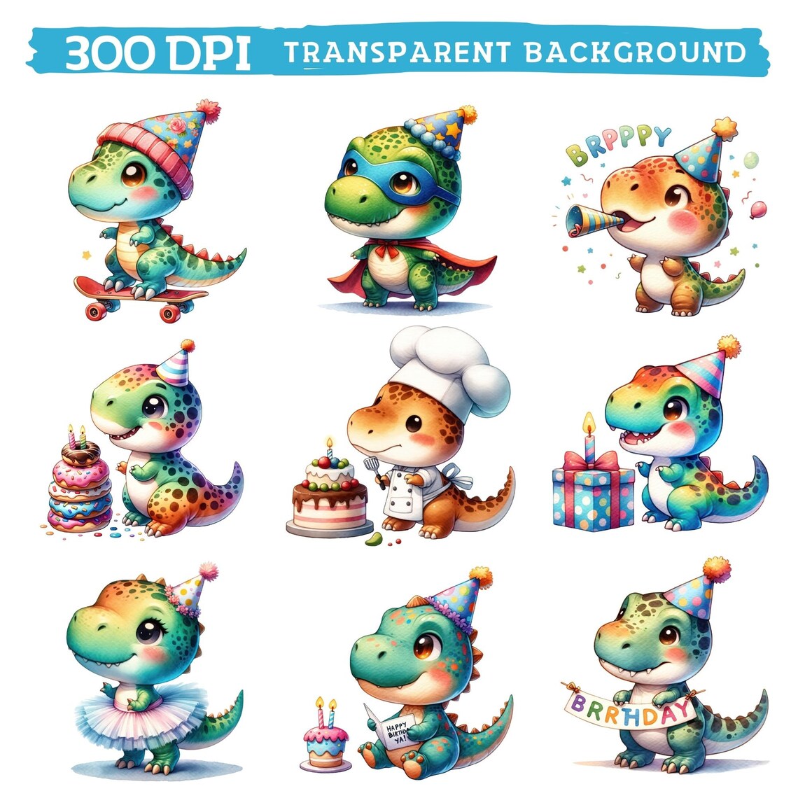 Watercolor Cute Dinosaur Birthday Clipart, Dinosaur Nursery Png, T-rex ...