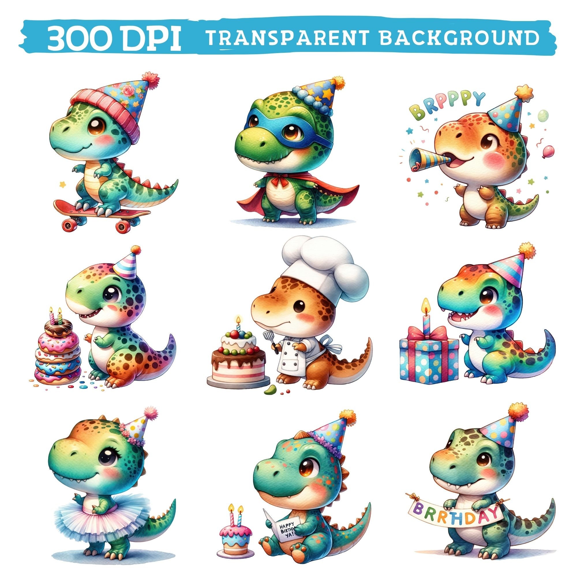Watercolor Cute Dinosaur Birthday Clipart, Dinosaur Nursery Png, T-rex ...
