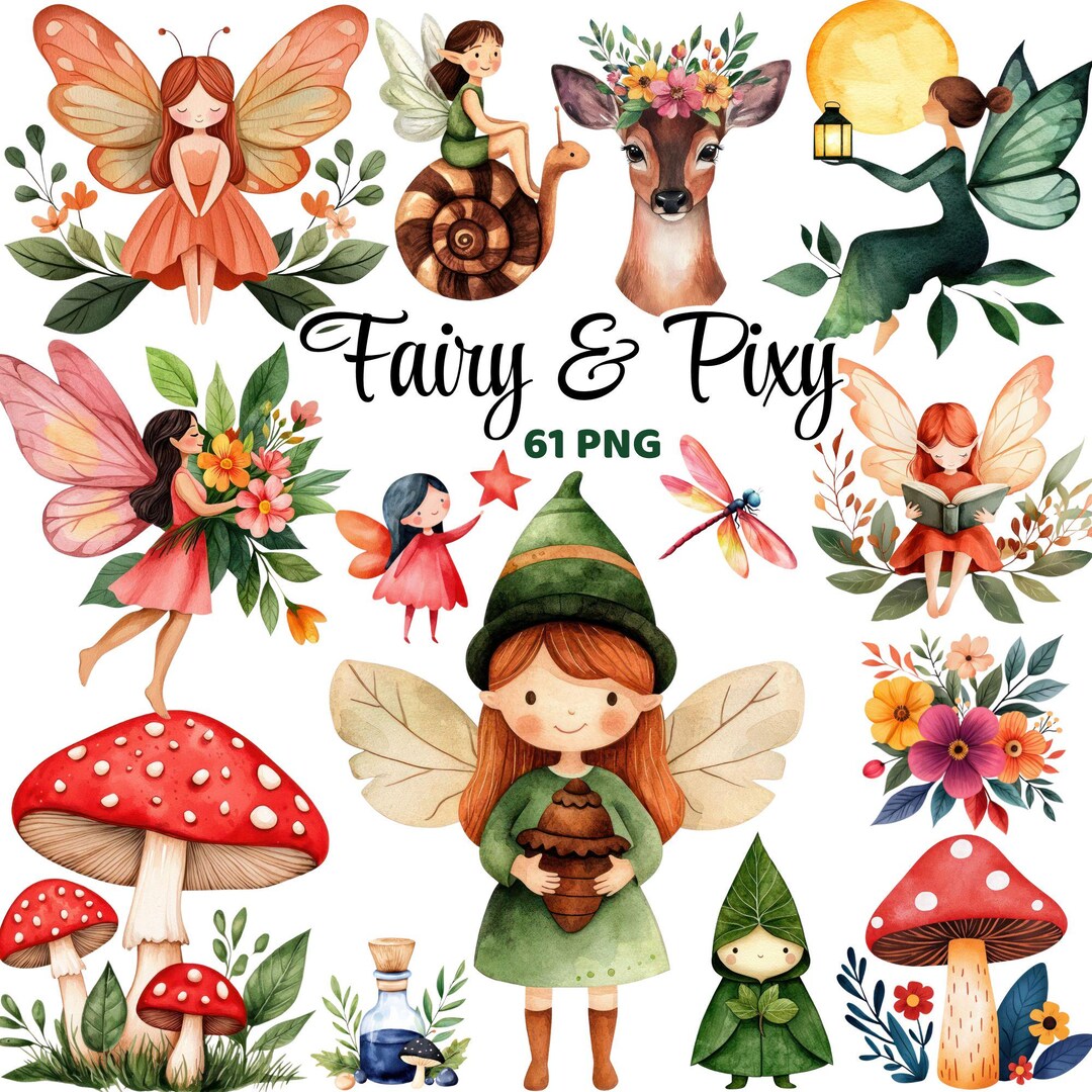 Fairy and Pixy Clipart, Magical Forest Elements, Watercolor Fantasy ...