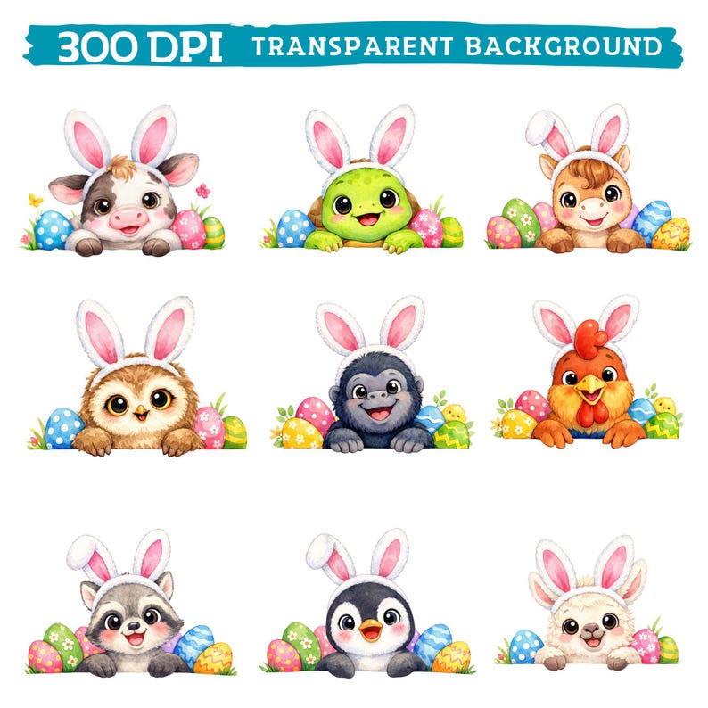 Peeking Easter Animals Clipart, Watercolor Bunny Chick Unicorn Animal ...