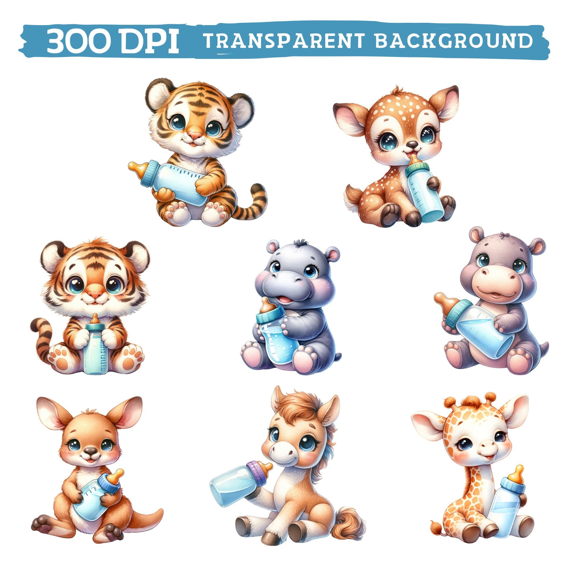 Cute Baby Animals With Blue Baby Bottle Clipart, Watercolor Animal ...