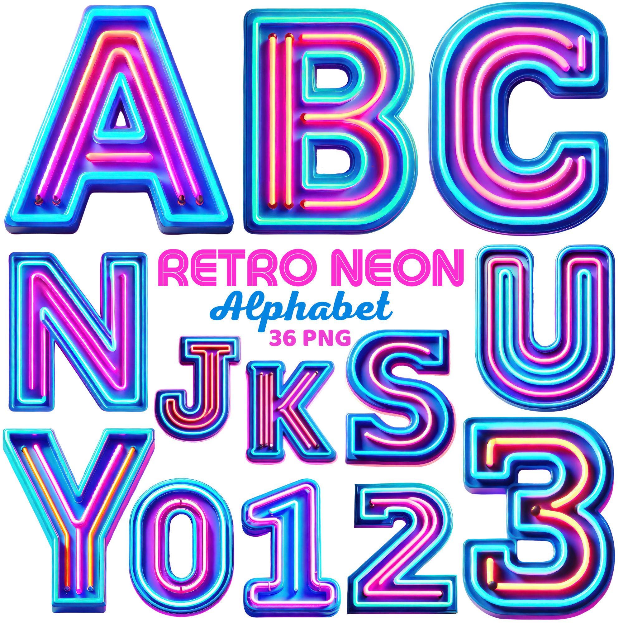 Retro Neon Alphabet Clipart, Glowing Letters & Numbers, Colorful Neon ...