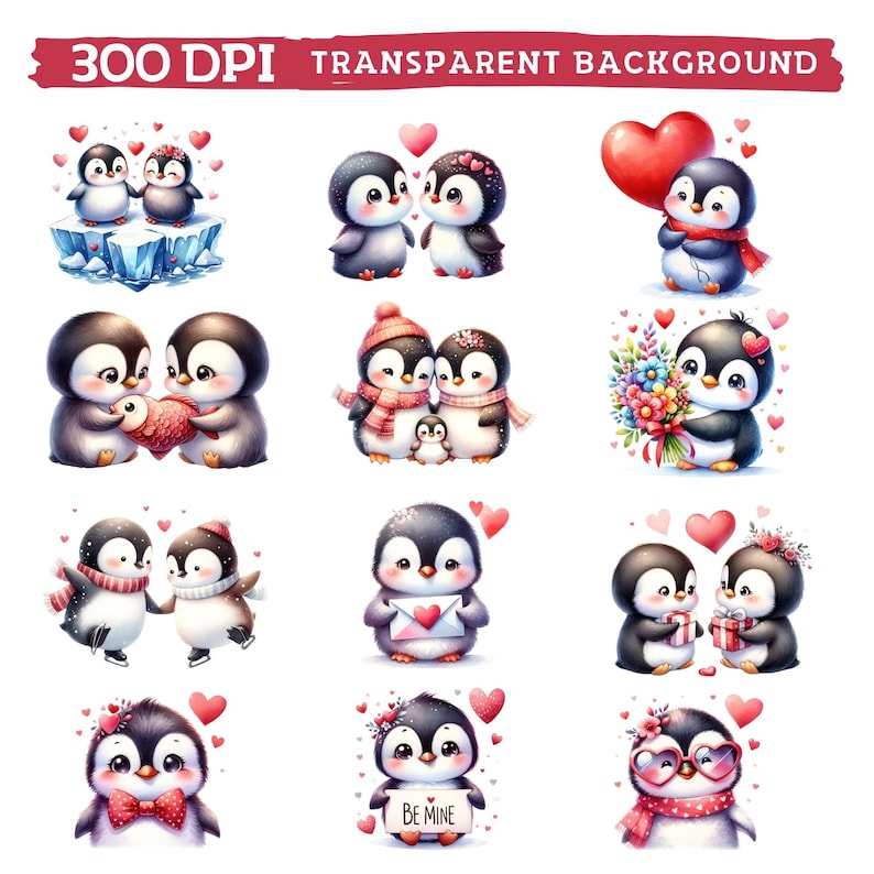Watercolor Penguin Valentine Clipart Png, Cute Penguin Valentine's Day ...