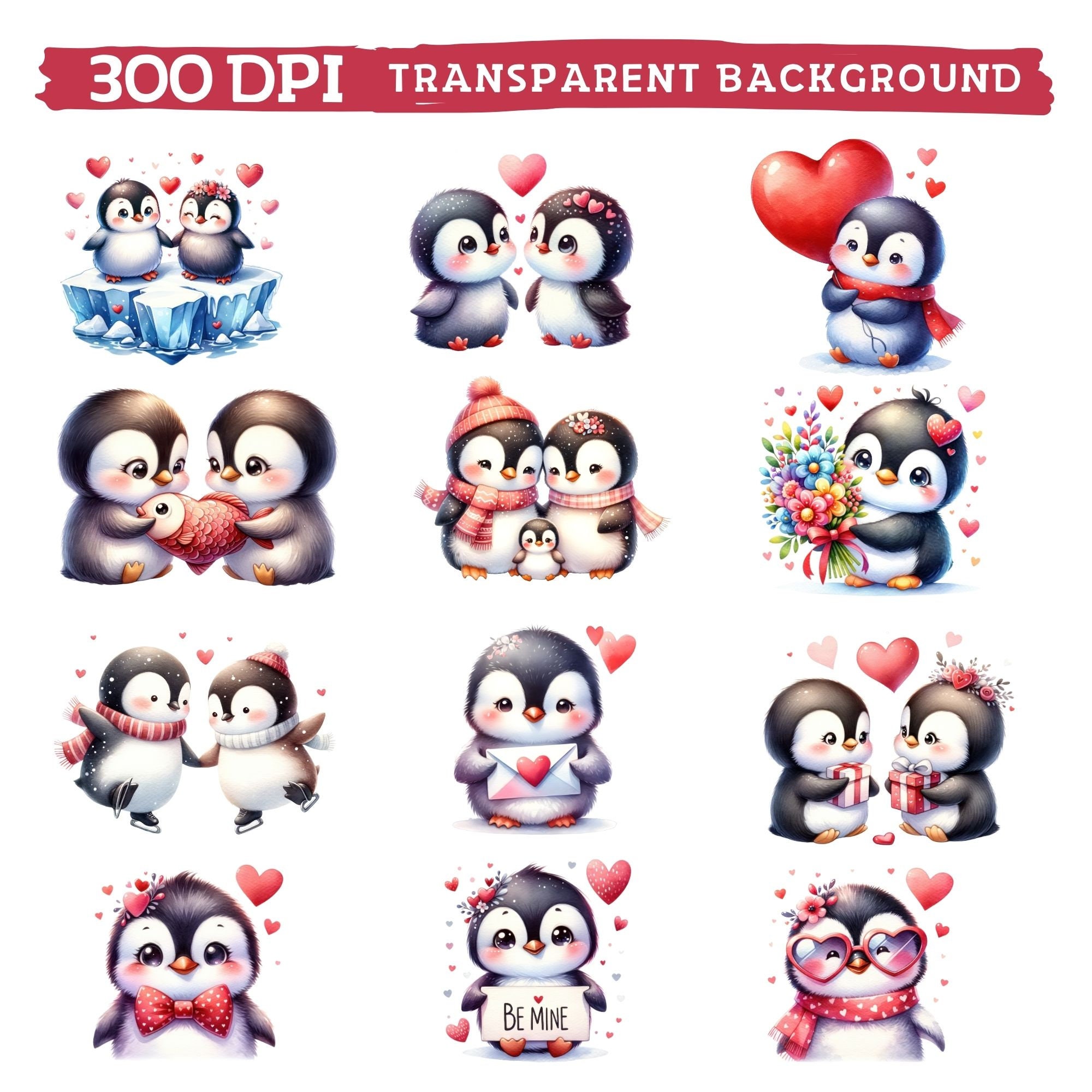 Watercolor Penguin Valentine Clipart Png, Cute Penguin Valentine's Day ...