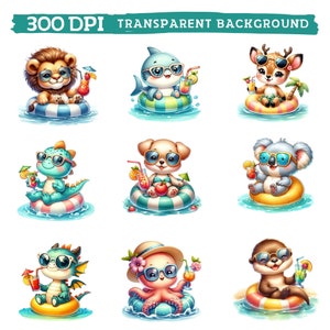 Cute Animals on Float Clipart, Watercolor Pool Nursery, Tropical Vibes ...