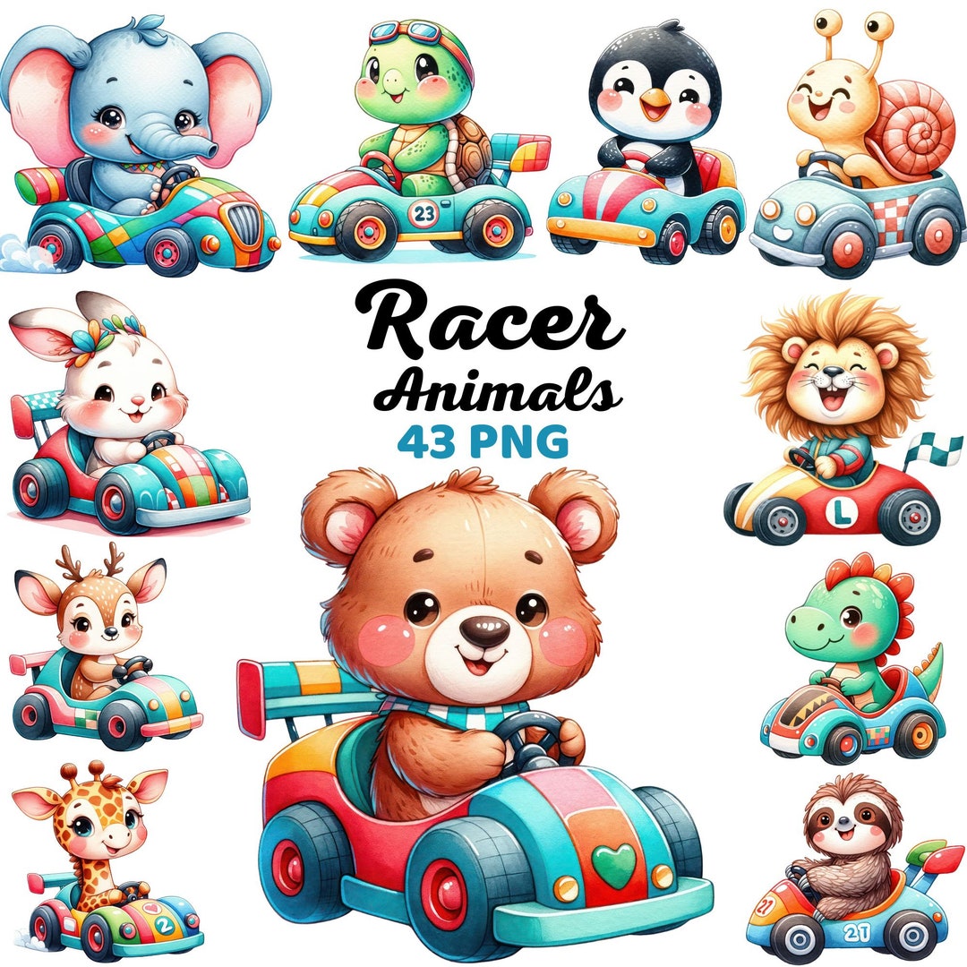 Cute Racer Animals Clipart, Watercolor Speedy Animal Playful Nursery ...