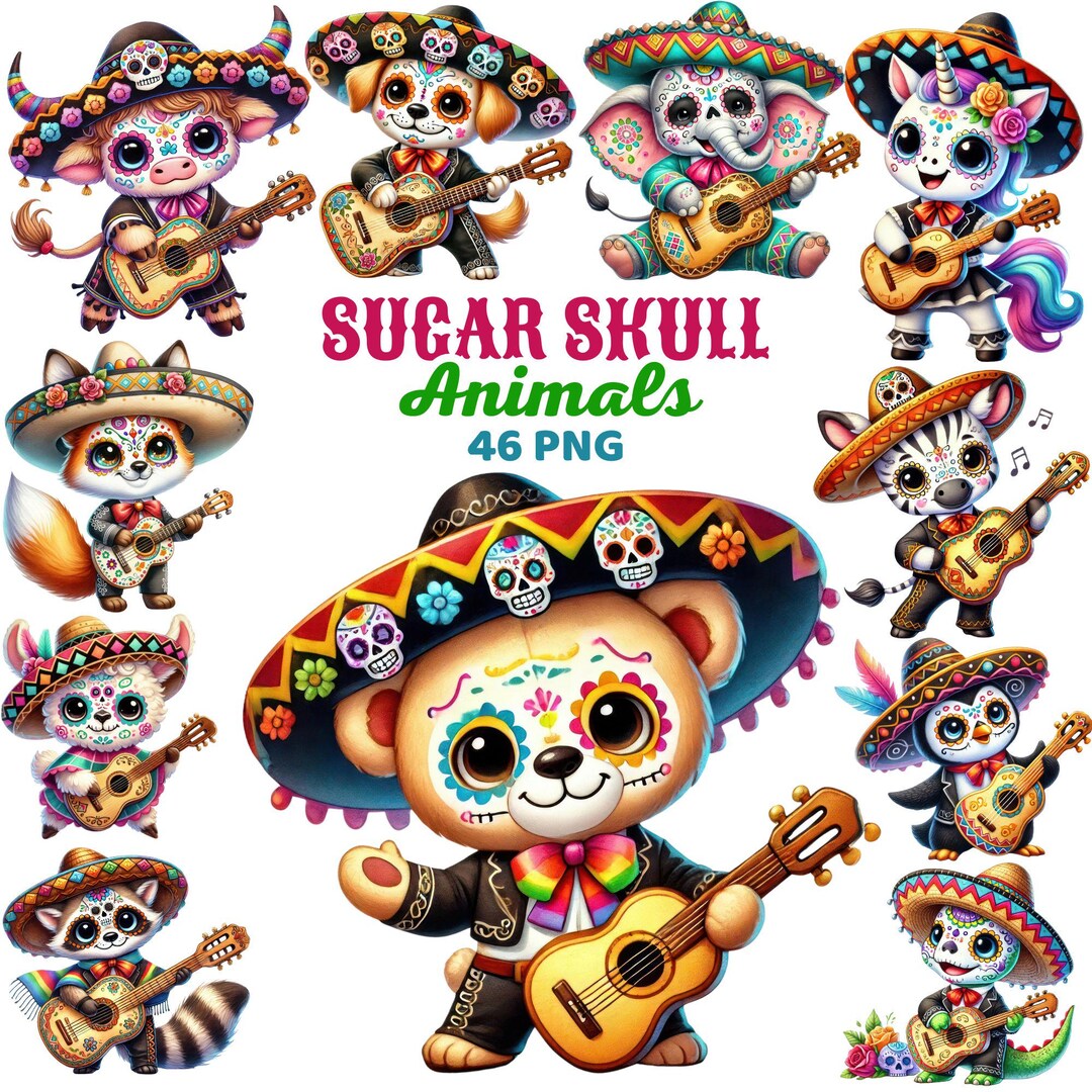 Sugar Skull Animals Clipart, Cute Dia De Los Muertos, Cute Mexican ...