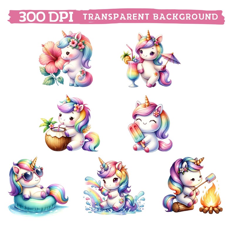 Watercolor Cute Unicorn Clipart, Summer Beach Rainbow Unicorn Girl ...