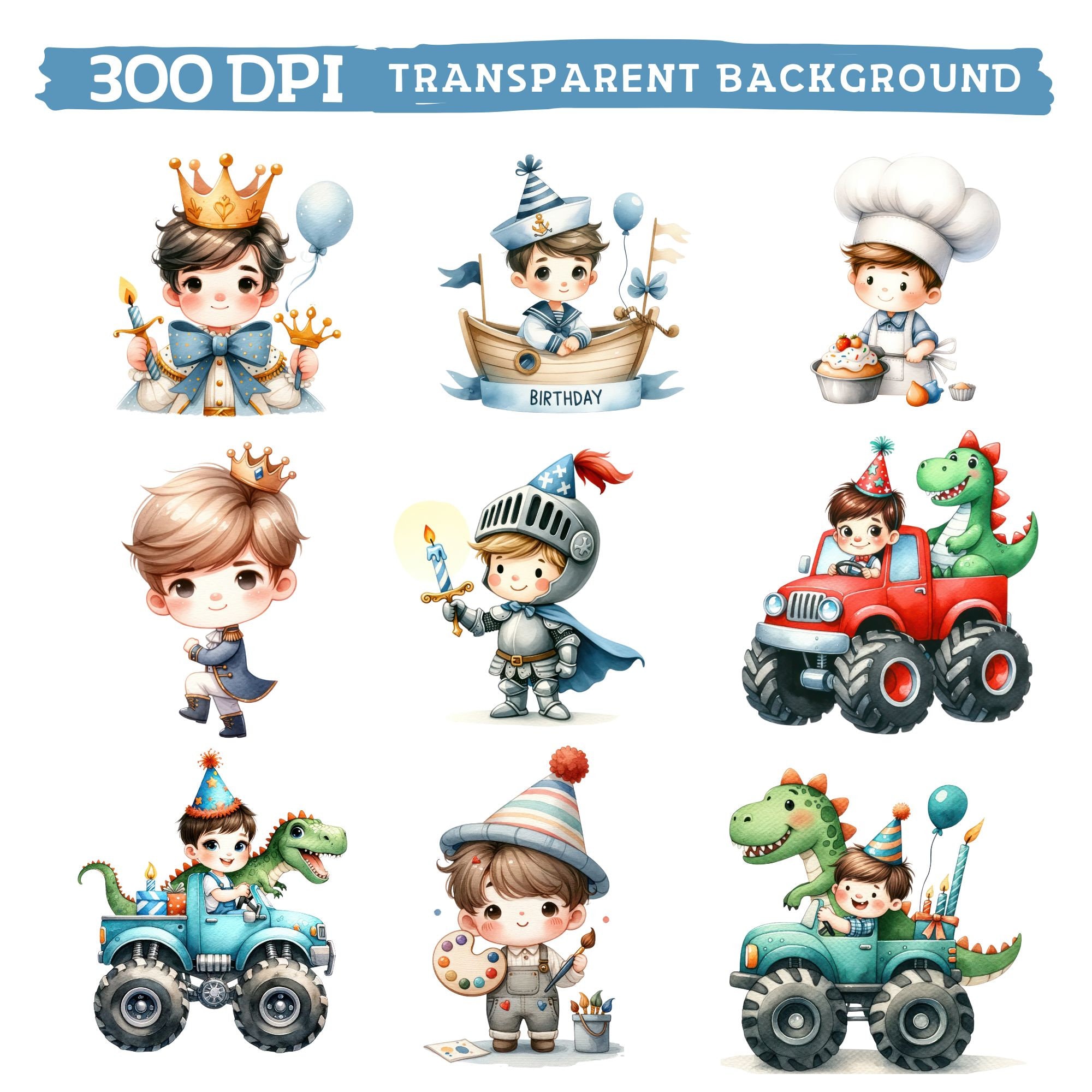 Boys Birthday Clipart, Watercolor Cute & Playful Party Kids Festive ...