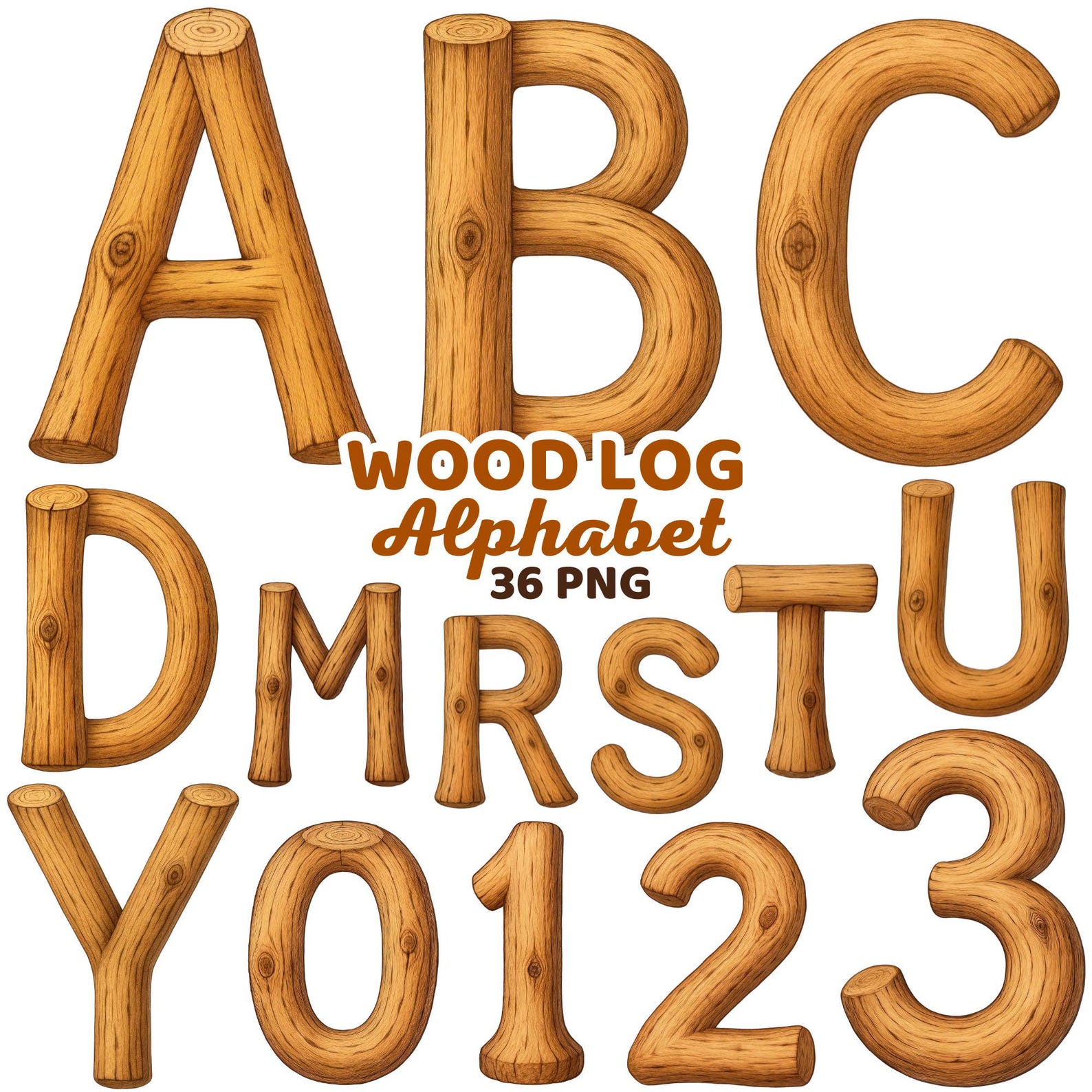 Wooden Log Alphabet Clipart, Rustic Letters, Nature Forest Lumberjack ...